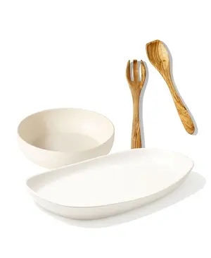 GHARYAN STONEWARE Serving Platter, Bowl & Olive Wood Servers, Set Of 4 - Matte White