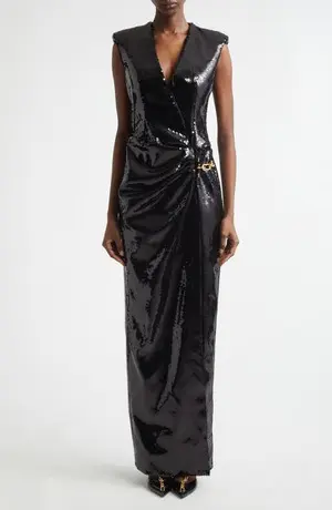 Balmain Sequin Draped Dress With Chain Detail