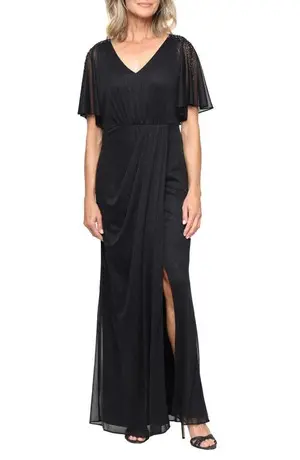 SL FASHIONS Draped Glitter Mesh Gown
