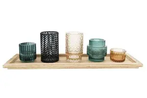 STORIED HOME 5-piece Embossed Glass And Metal Tealight Candle Holders In A Wood Tray - Green