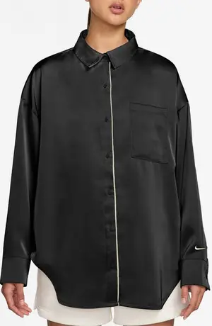 Nike Oversize Satin Button-up Top - Black/sail