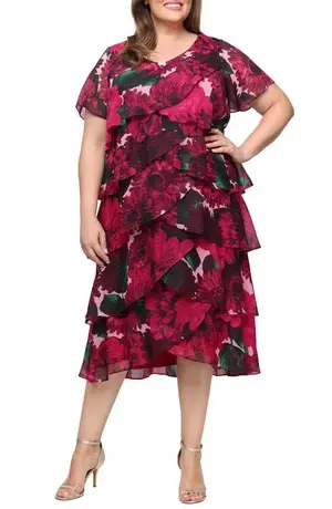 SL FASHIONS Floral Print Ruffled Chiffon Midi Dress - Pink Multi