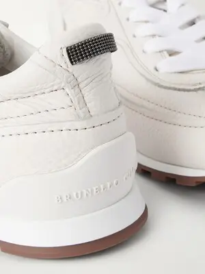 Brunello Cucinelli Embellished Textured-leather Sneakers - Neutrals