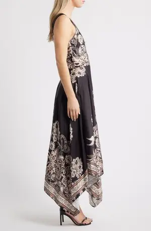 Vince Camuto Placed Scarf Print Handkerchief Hem Dress