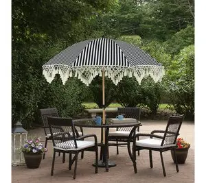 NORTHLIGHT 6.5' Striped Macrame Boho Umbrella B Lack White