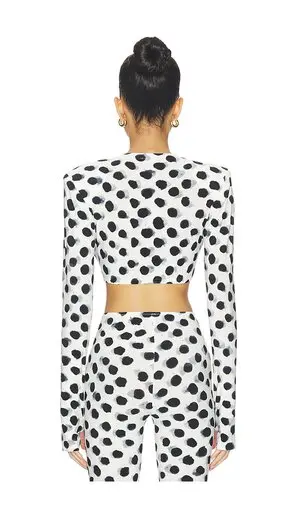 Norma Kamali Cropped Long Sleeve Shoulder Pad Top With Polka Dots