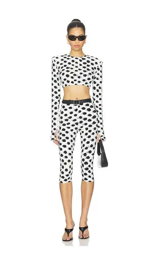 Norma Kamali Cropped Long Sleeve Shoulder Pad Top With Polka Dots