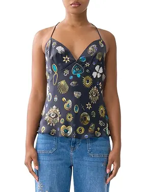 Camilla Printed Silk Top With Chain Detail