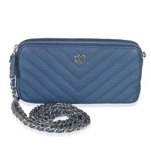 Chanel Chevron Caviar Double Zip Clutch With Chain