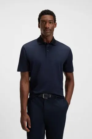 BOSS Grid-pattern Polo Shirt In Mercerised Cotton - Dark Blue