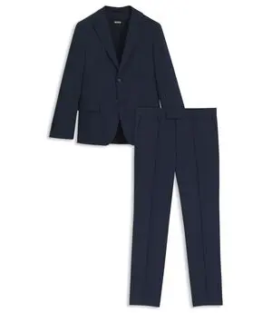 BOSS Patterned Slim-fit Suit In Stretch Wool Dark Blue