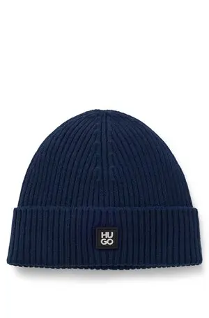 Hugo Stacked-logo Virgin Wool Beanie - Dark Blue
