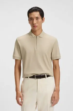BOSS Zip-placket Polo Shirt In Structured Cotton - Light Beige