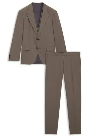 Hugo Three-piece Slim-fit Suit In Wool-blend Poplin Grey