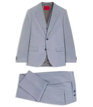 Hugo Three-piece Slim-fit Suit In Wool-blend Poplin - Light Blue