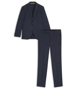 BOSS Three-piece Slim-fit Suit In Patterned Stretch Wool Dark Blue