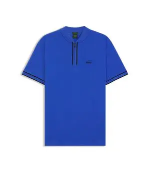 BOSS Zip-neck Polo Shirt In Stretch-cotton Piqu - Blue