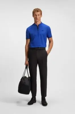BOSS Zip-neck Polo Shirt In Stretch-cotton Piqu - Blue