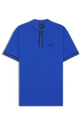 BOSS Zip-neck Polo Shirt In Stretch-cotton Piqu - Blue