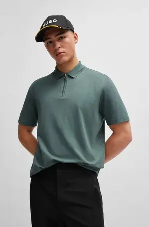 Hugo Cotton-blend Polo Shirt With Zip Placket - Dark Green