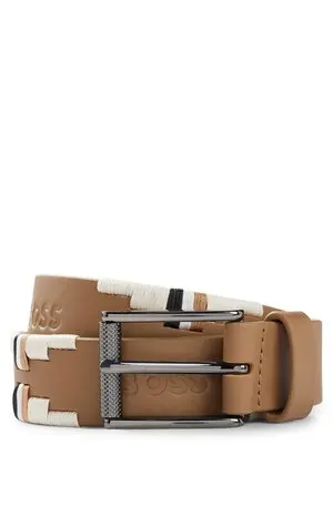 BOSS Equestrian Leather Belt With Embroidered Pattern - Beige