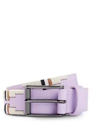 BOSS Equestrian Leather Belt With Embroidered Pattern Light Purple