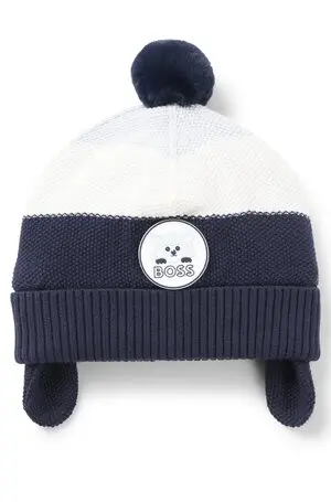 BOSS Cotton Beanie Hat With Pom-pom And Logo - Dark Blue
