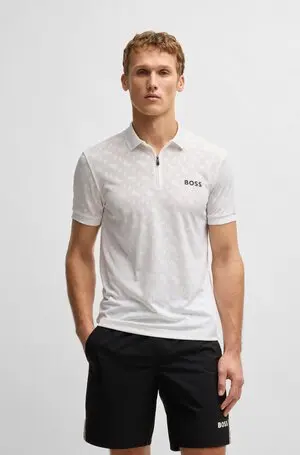 BOSS Active Quick-dry Polo Shirt With Gradient Monogram Jacquard - White