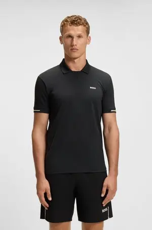 BOSS Stretch-mesh Polo Shirt With Modern Placket - Black