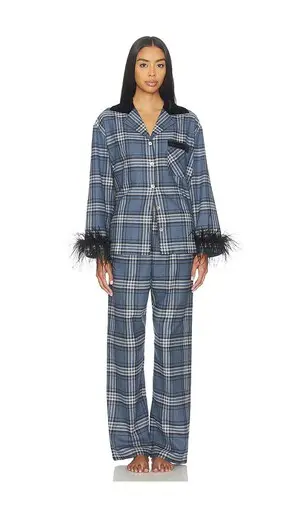 Sleeper Checked Cotton-flannel Set With Detachable Feathers In Blue - Navy Checkered