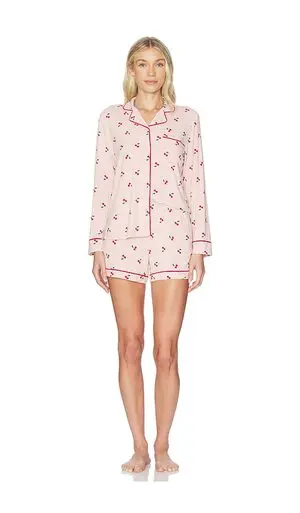 Barefoot Dreams Malibu Collection Ultra Soft Jersey Cherry Print Pajama Set In Blush - Dusty Rose Multi