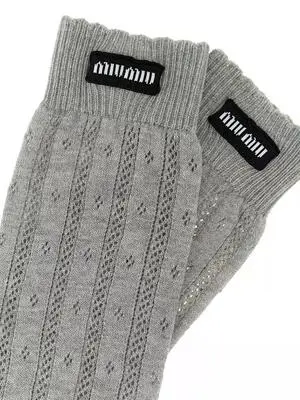 Miu Miu Cotton Knee High Socks With Openwork Motif And Logo Patch