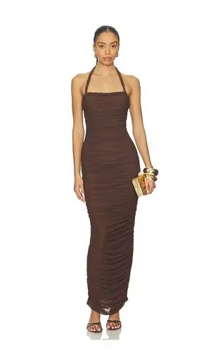 SNDYS. Gianna Ruched Halterneck Maxi Dress - Chocolate