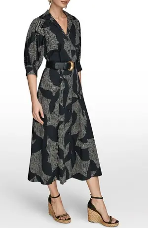 Donna Karan New York Abstract Print Belted Midi Shirtdress - Black/sand