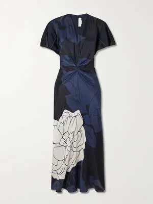 Victoria Beckham Eve Layered Gathered Floral-print Satin Midi Dress - Navy