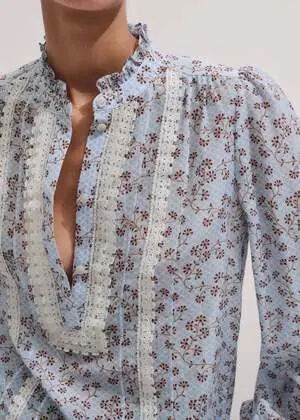 ME+EM Scallop Daisy Print Trim Detail Blouse With Tie - Blue Multi