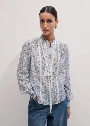 ME+EM Scallop Daisy Print Trim Detail Blouse With Tie - Blue Multi