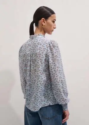 ME+EM Scallop Daisy Print Trim Detail Blouse With Tie - Blue Multi