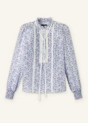 ME+EM Scallop Daisy Print Trim Detail Blouse With Tie - Blue Multi