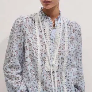 ME+EM Scallop Daisy Print Trim Detail Blouse With Tie - Blue Multi