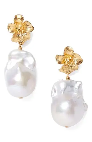 CHAN LUU Hibiscus Freshwater Pearl Drop Earrings