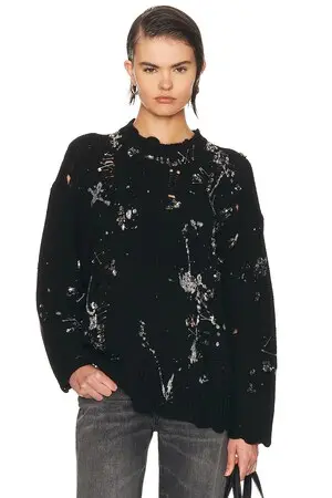 R13 Distressed Oversized Crystal Pin Sweater - Black
