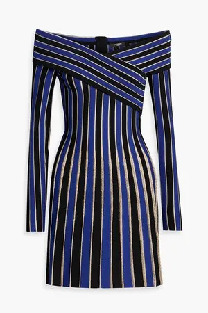 Balmain Off-the-shoulder Metallic Striped Mini Dress - Cobalt Blue