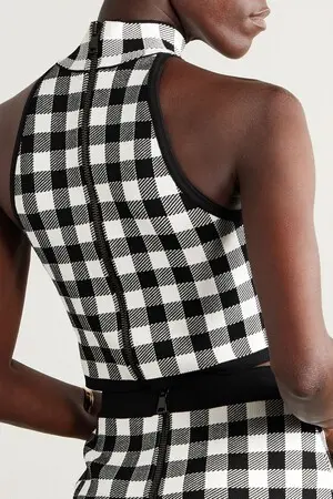 Balmain Cropped Gingham Knitted Top - Black