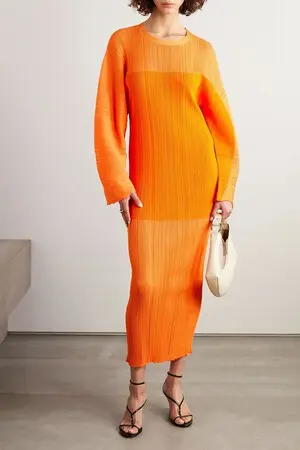 Stella McCartney Plissé-knit Midi Dress - Bright Orange