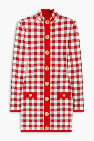 Balmain Button-embellished Gingham Jacquard-knit Mini Dress - Red