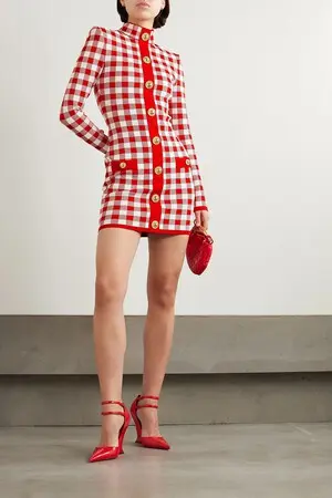 Balmain Button-embellished Gingham Jacquard-knit Mini Dress - Red