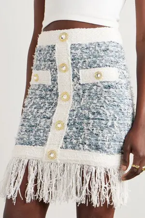 Balmain Frayed Tweed Mini Skirt With Button Embellishments
