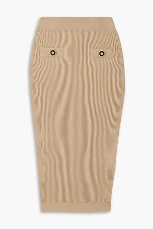 Balmain Button-embellished Ribbed-knit Midi Skirt - Sand