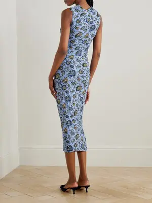 Veronica Beard Sylviani Ruched Floral-print Stretch-tulle Midi Dress - Blue